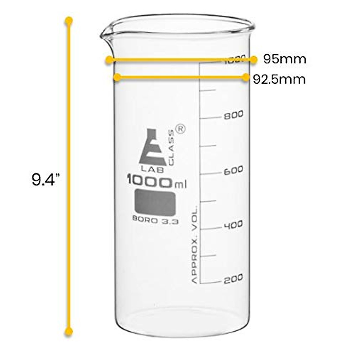 Beaker, 1000mL - Tall Form with Spout - White, 100mL Graduations - Borosilicate 3.3 Glass - Eisco Labs