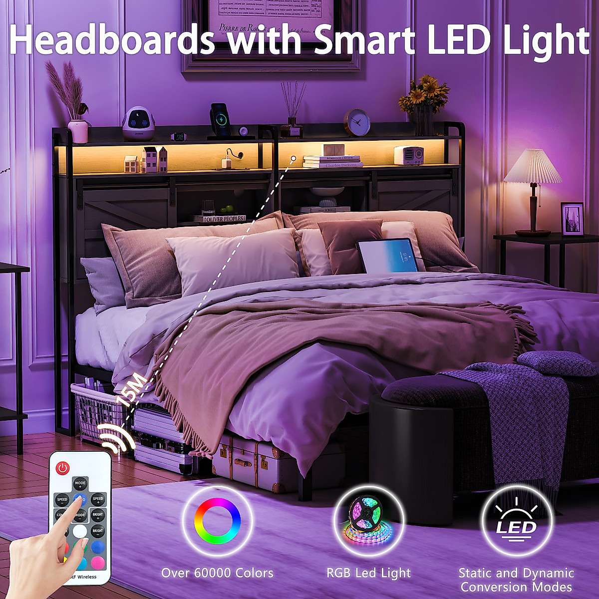 wanan King Size Headboard with Storage, 3 Tier King Headboard Only with Outlets, USB Ports and LED Light, Storage King Size Headboard with Sliding Barn Doors, Width Adjustable