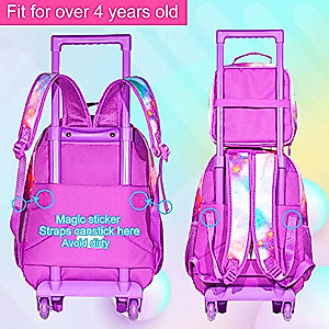 FTJCF 3PCS Rolling Backpack for Girls, Kids Unicorn Roller Bookbag with Wheels, Wheeled School Bag Set for Elementary - Purple