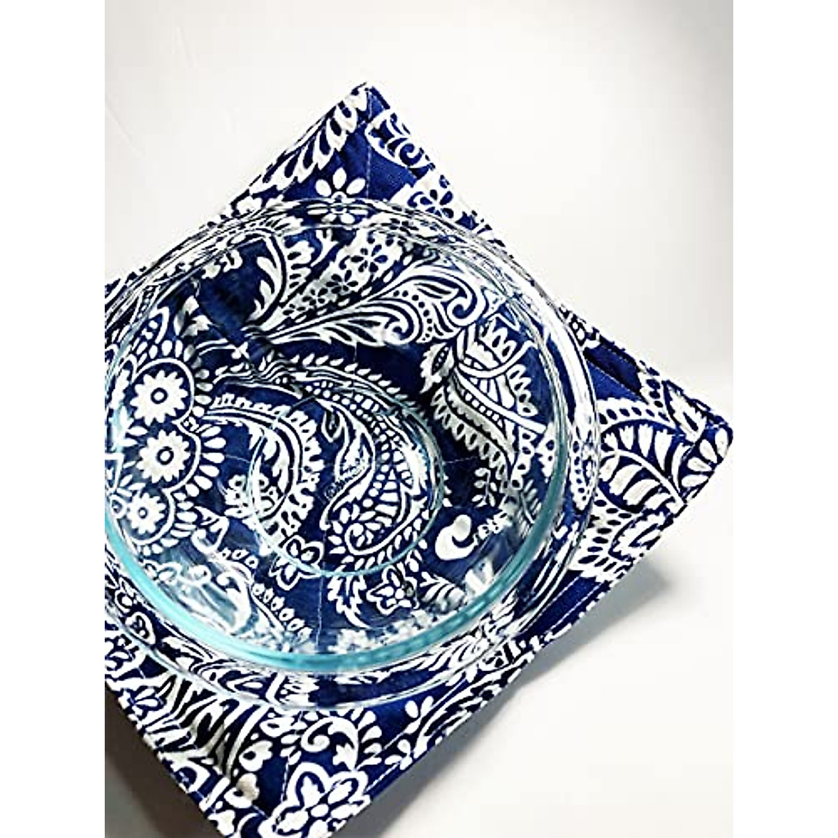 Best in Blue Cotton Print Microwave Bowl Cozy - 8.5 inches for up to 8 inch bowls - Home Made in Texas, USA (Mercy Paisley - Navy & White)