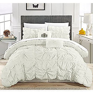Chic Home Halpert 6 Piece Comforter Set Floral Pinch Pleated Ruffled Designer Embellished Bed Skirt and Decorative Pillows Shams Included, Queen, White