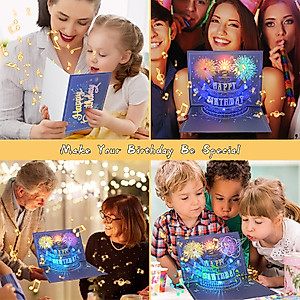 MZD8391 UPGRADED 3D Pop Up Firework Birthday Cards, Musical & LED Lights Birthday Cards with Blowable Birthday Cake, Greeting Cards, Birthday Gifts for Mom Women Men Kids Child Dad Father Wife (Blue)