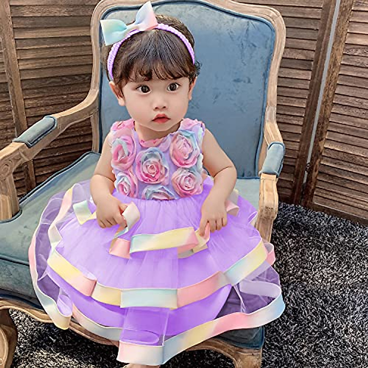 6M-6T Toddler Baby Girls Colorful Floral Tutu Gown Dress Party Evening Wedding Christmas Dance Dresses with Headwear Purple 90