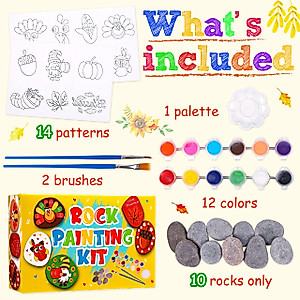Fall/Thanksgiving Rock Painting Kit - Arts and Crafts for Kids Ages 8-12 - includes DIY Stones, Water Paint, Tattoos, Party Favors/Birthday Gifts/Toys/Creativity Classroom Activity for Girls Boys