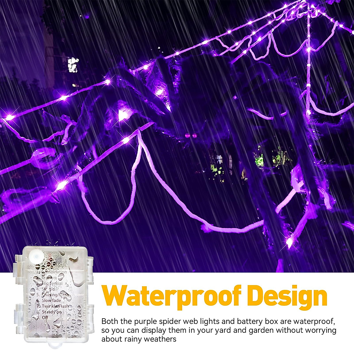 Halloween Decorations Spider Webs with 135 Purple Lights, 200" Triangular Huge Web, One Huge Spider, 20pcs Small Spiders and Extra Fiber for Outdoor Yard Decors