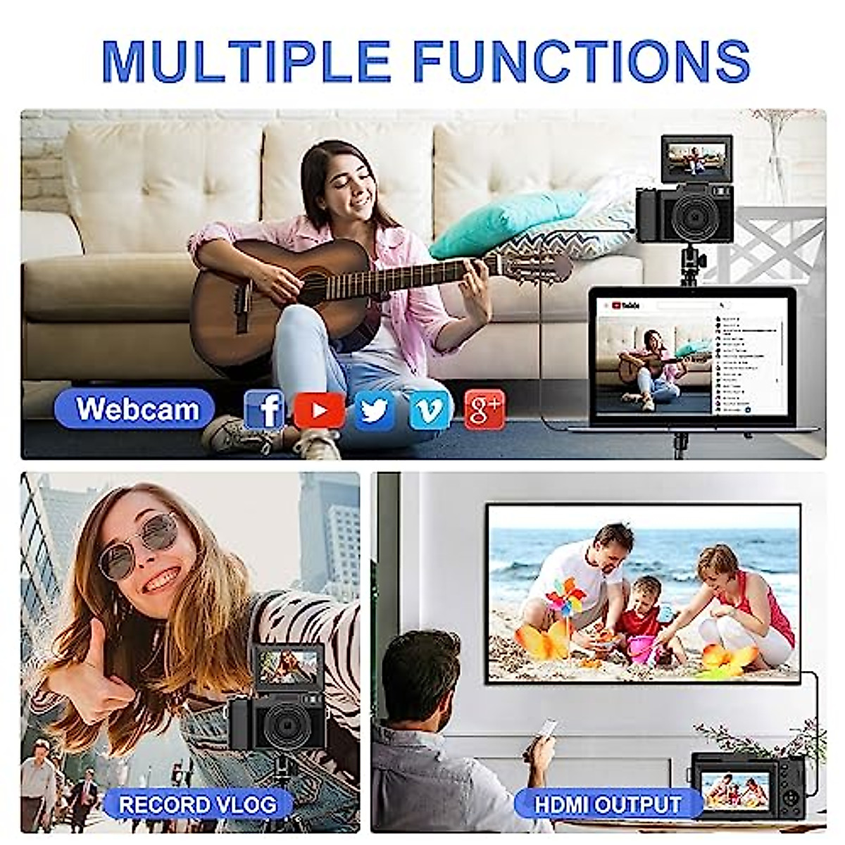 Kmnuiey Camera, 4K Digital Camera for Photography with 3'' 180°Flip Screen, Autofocus 48MP Video Cameras for YouTube with 16X Digital Zoom, 2 Batteries and Charging Cable for Travel