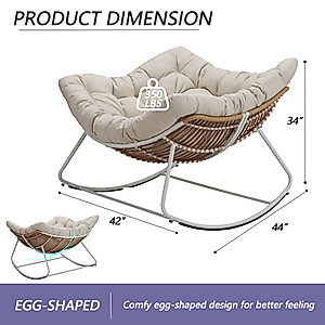 Naga Bahna Royal Rocking Chair, Outdoor Rocking Papasan Chair with Padded Beige Cushion Rocker Recliner Chair, Oversized Metal White Frame Rattan Egg Chair for Patio, Porch, Living Room