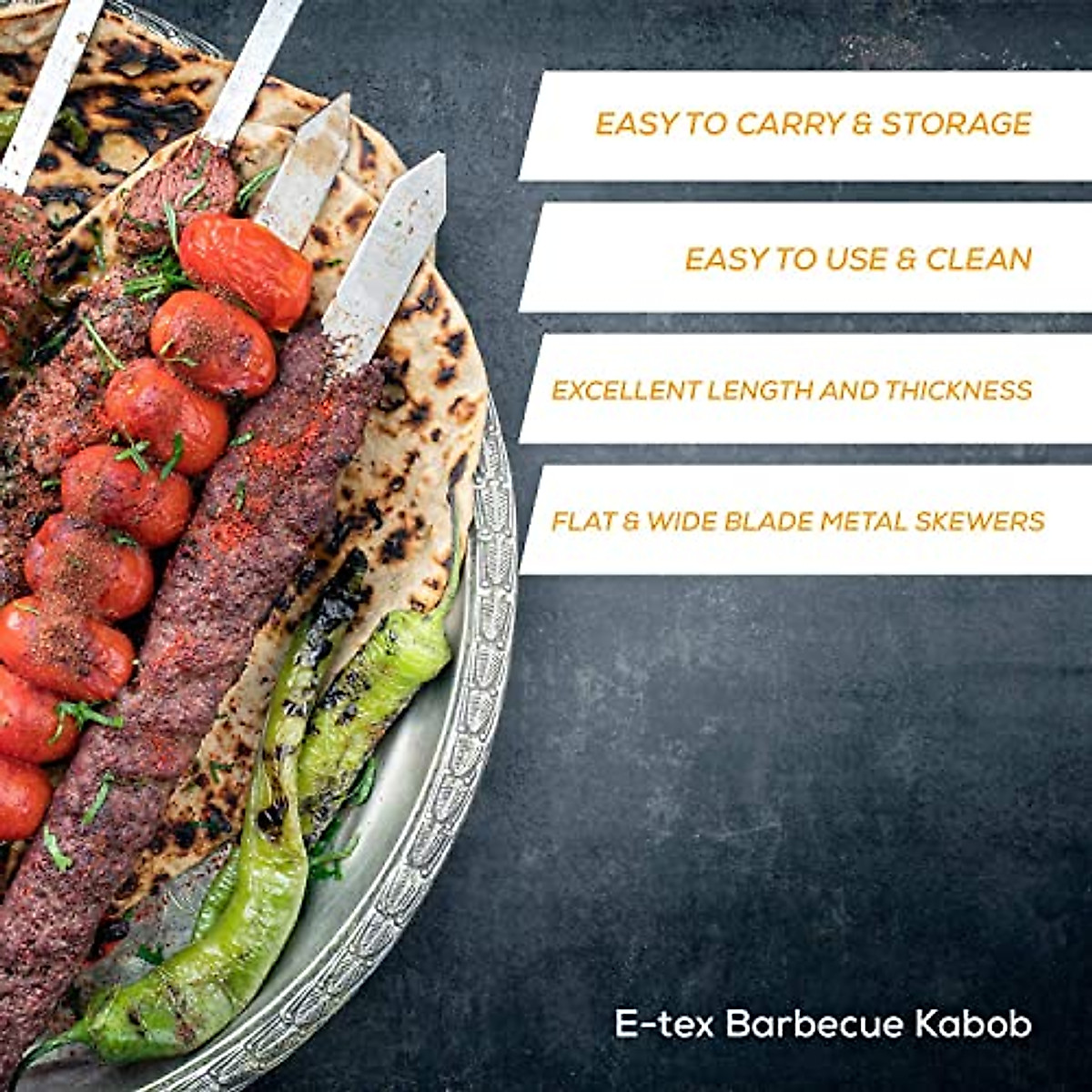 E-tex Flat Barbecue Kabob Skewers,Long Bbq Kabab Skewers,Grey,19 Inc,Set of 6