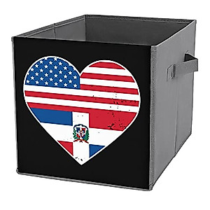 Dominican Republic and Aerican Flag Heart Foldable Storage Bins Printd Fabric Cube Baskets Boxes with Handles for Clothes Toys, 11x11x11
