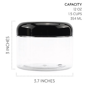 Cornucopia 12 Ounce Clear Plastic Jars w/Black Plastic Lids (6 pack); BPA Free PET Stackable Canisters for Bathroom & Kitchen Storage