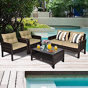 Tangkula 4 Piece Patio Furniture Set, Outdoor Wicker Conversation Set with Glass Top Coffee Table, All Weather Proof and Thick Cushions, Suitable for Porch, Garden, Poolside and Lawn (Brown)