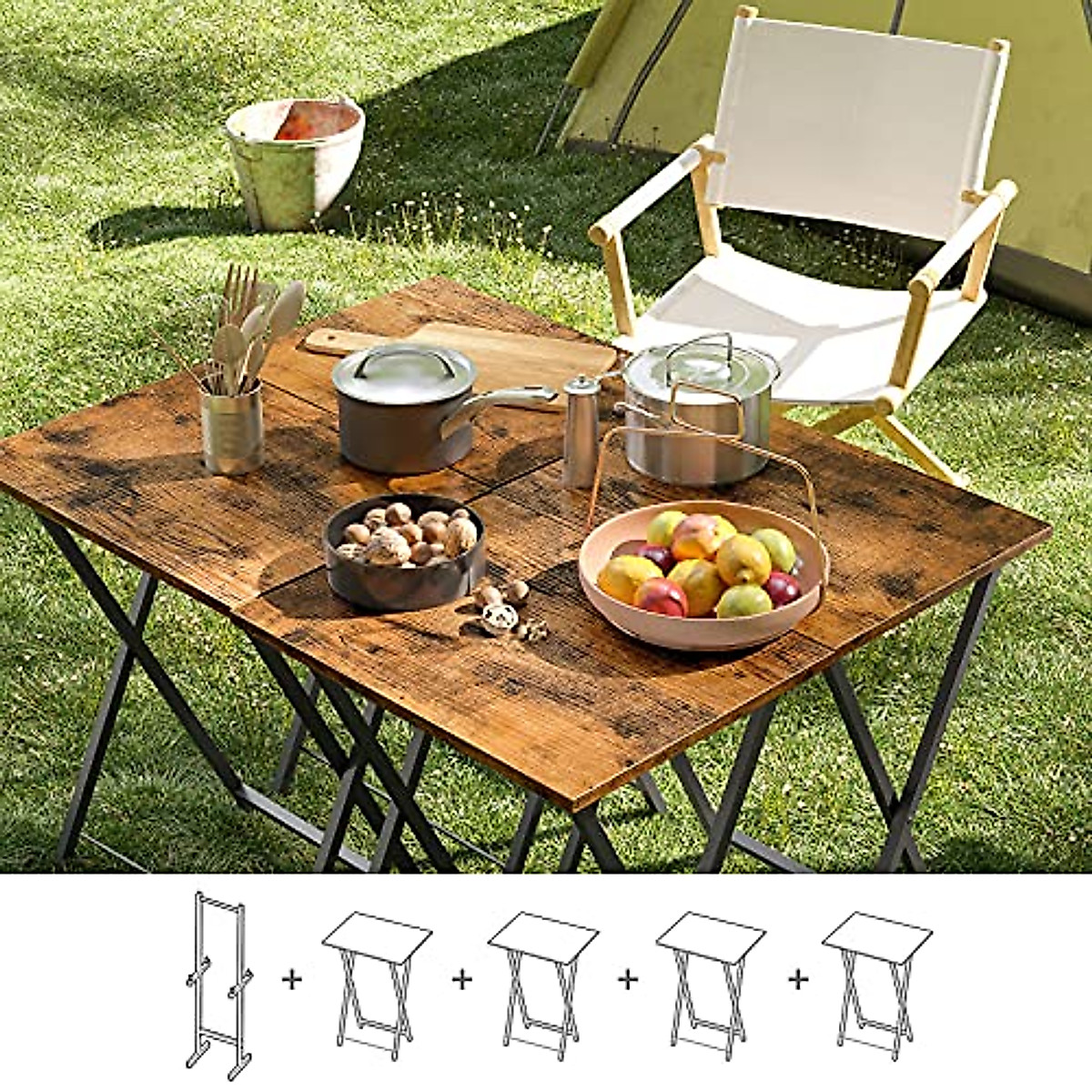 HOOBRO Folding TV Tray Tables, Set of 4 TV Trays with Storage Rack, Industrial Side Table for Eating at Couch, Foldable Snack Table for Small Space, Easy Assembly, Rustic Brown and Black BF50BZ01