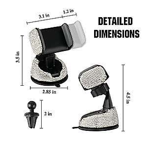 Amiss Universal Bling Cell Phone Holder, 360°Adjustable Car Phone Mount with One More Air Vent Base, Crystal Car Interior Decoration, for Windshield, Dashboard and Air Vent (White)