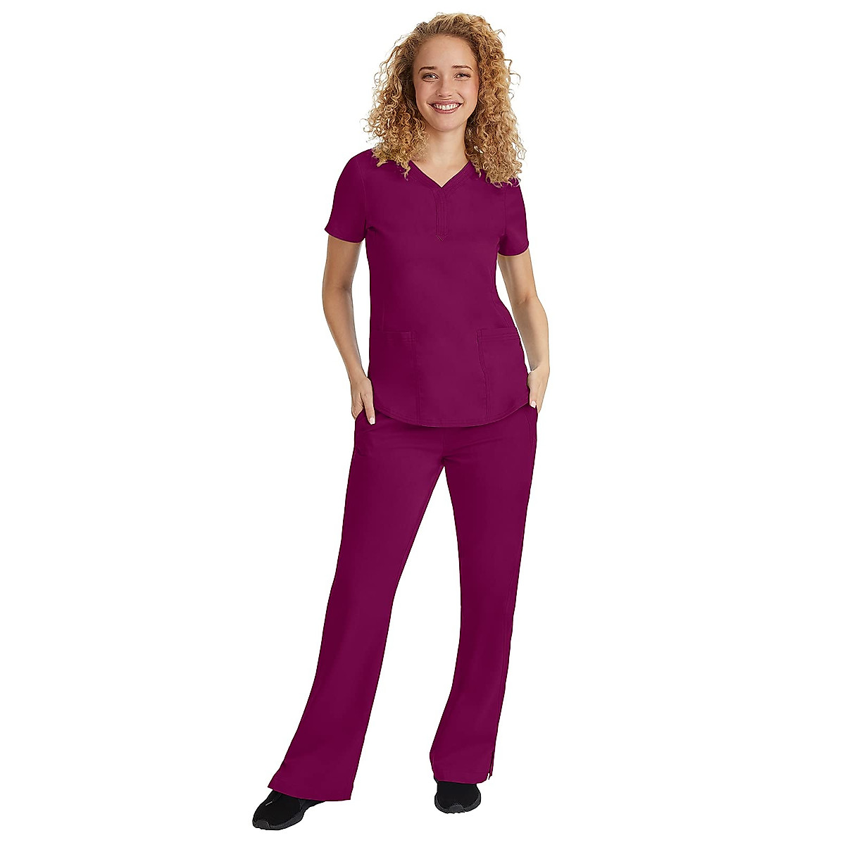 Healing Hands Women's Y-Neck Scrub Top with 2 Pockets, Knit Details, Shirttail Hem, and 2-Way Stretch Fabric 2167, Large, Wine
