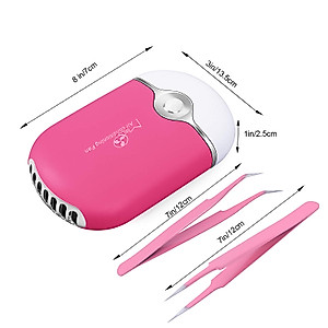 Eyelash Fan Dyer with 2 Pcs Lash Tweezers,USB Mini Portable Fan Rechargeable Air Conditioning Blower with Straight and Curved Tip Tweezers for Eyelash Extension Girls Women(Rose Red)