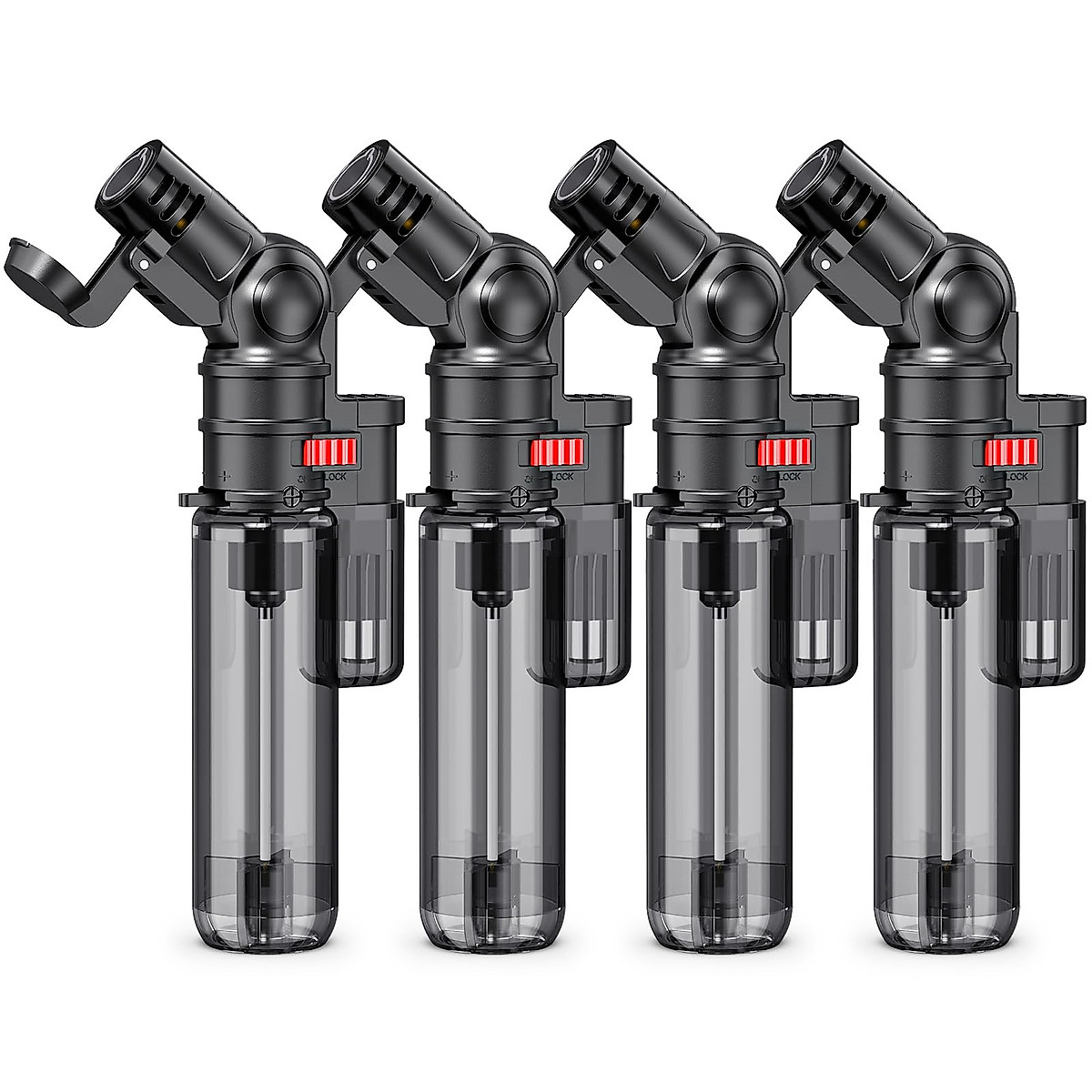 Torch Lighters, 4 Pack, Butane Refillable Torch Lighter, Rotatable Head, Windproof, Multi Utility Mini Lighter for Candles Fireplaces Campfires Grill BBQ (Without Butane)