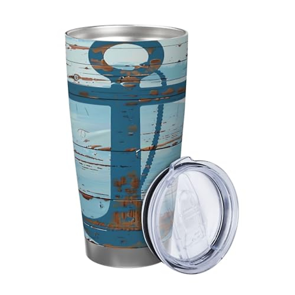 AYCZN Wooden Anchor 20 OZ Tumbler Stainless Steel Travel Coffee Mug, Vintage Nautical Insulated Water Bottle with Lid and Straws Leakproof Thermal Cup
