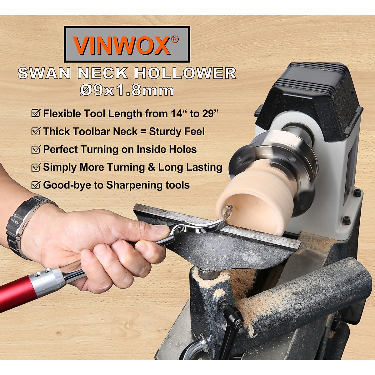 VINWOX 8 PCS Carbide Wood Lathe Turning Tool Set, Carbide Lathe Turning Tool, Including Swan Neck Hollower, Rougher, Finisher, Detailer, Pen Turning tools, Aluminum Alloy Handles from 14" to 29"