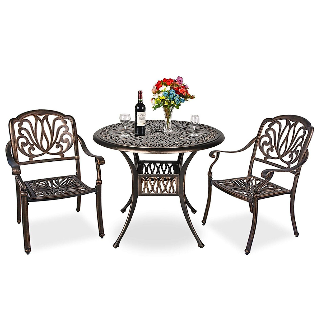 TITIMO 3 Piece Outdoor Bistro Round Table Set Cast Aluminum Table and Chairs Patio Furniture Antique Bronze