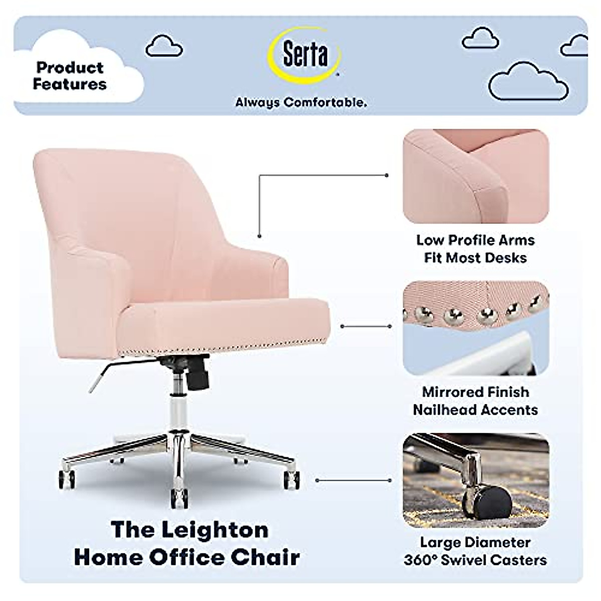 Serta Leighton Home Office Chair with Memory Foam, Height-Adjustable Desk Accent Chair with Chrome-Finished Stainless-Steel Base, Twill Fabric, Blush Pink 27.25D x 24W x 35.75H in