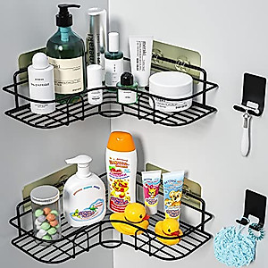 Corner Shower Caddy, 2 Pack Adhesive Shower Organizer with 2 Hooks, Shower Shelf for Inside Shower, Stainless Steel Shower Rack for Bathroom Storage, Bathtub Organizer for Shower, No Drilling, Black