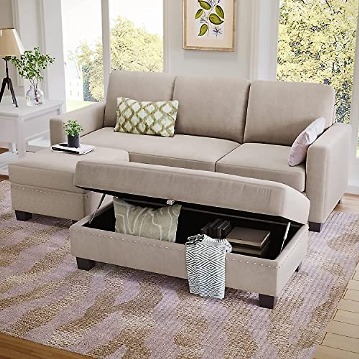 ERYE L-Shaped 3-Seaters Corner Sectional Sofa with Pull Out Sleeper Couch Bed and Reversible Storage Chaise for Home Office Apartment Living Room Furniture Sets Sofabed, Warm Grey