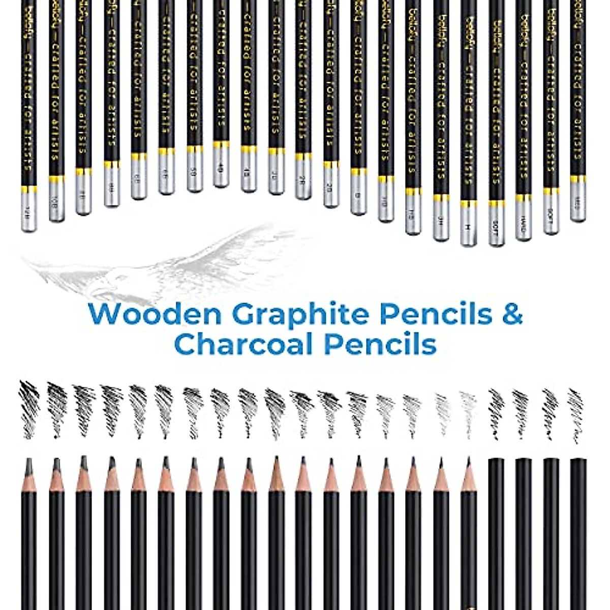 Bellofy Artist Drawing Set Sketching Drawing Kit -100 Sheet Sketchbook - Variety of Sketch/Charcoal Pencils Set for Drawing - Shading Pencils For Sketching from 3H-12B - 30 piece - Erasers & Sharpener