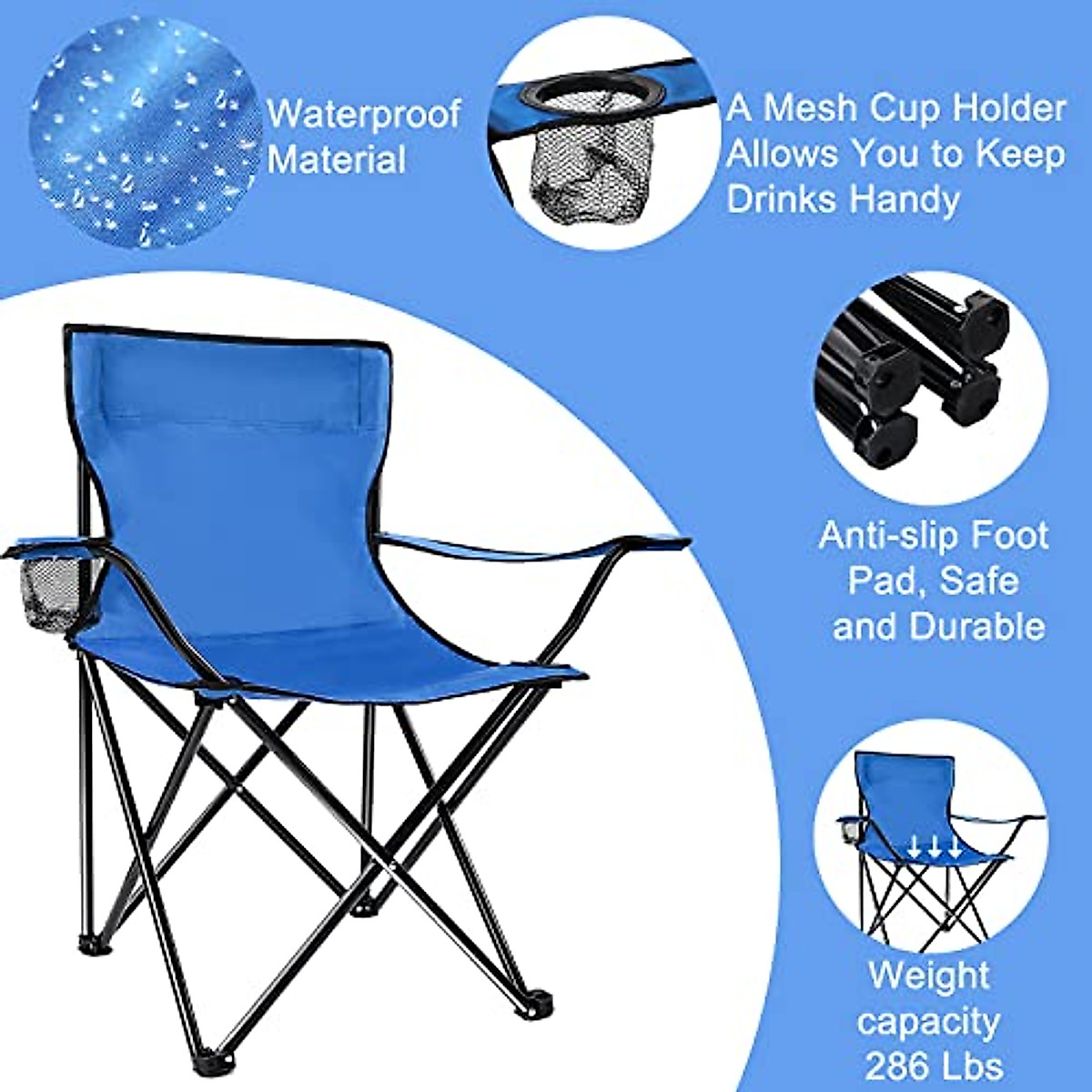 4 Pack Outdoor Folding Chairs Camp Chair Beach Chair Portable Folding Camping Chairs Lightweight Lawn Chair Foldable Sports Chair with Cup Holder Carrying Bags (Blue,19.7 x 19.7 x 31.5 Inch)