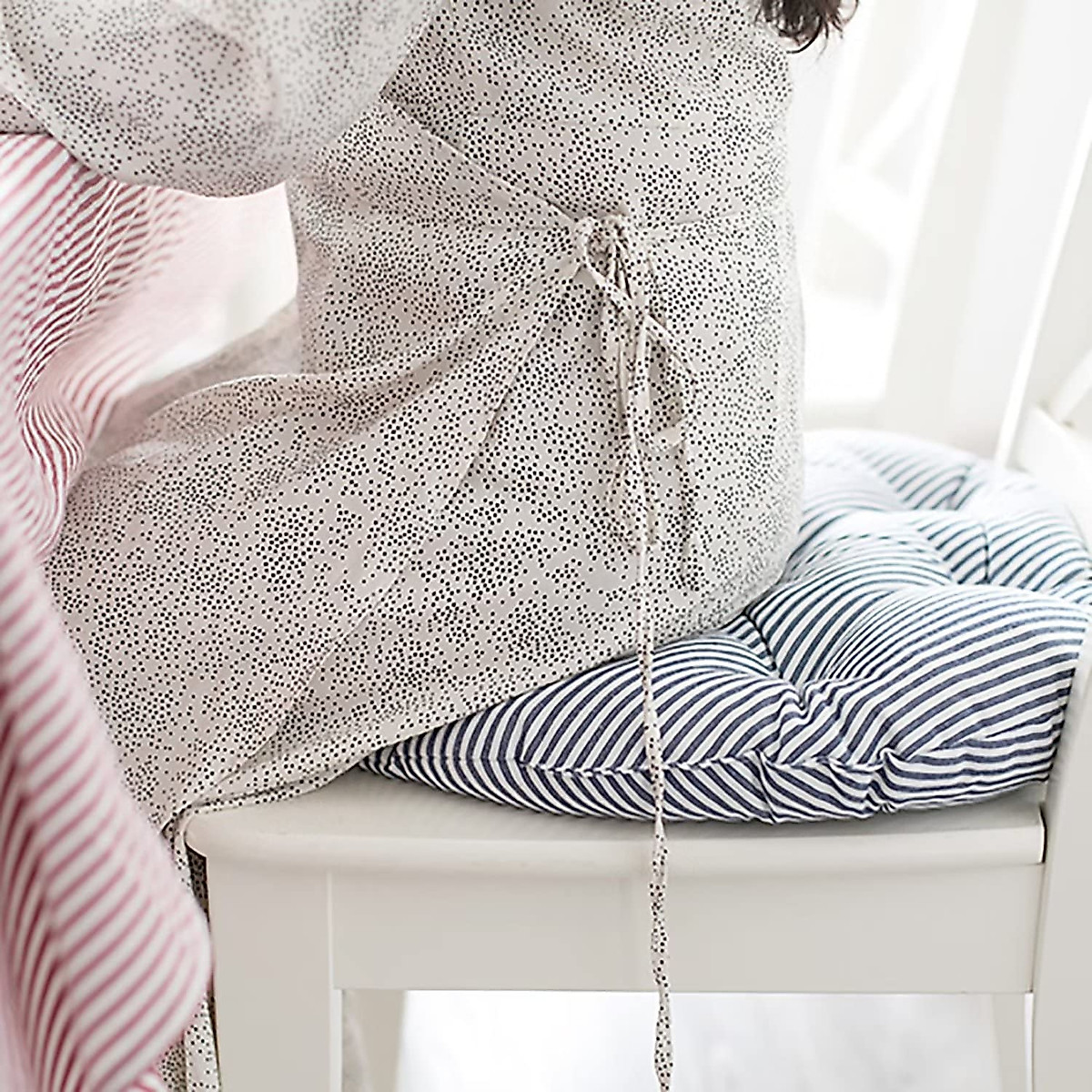 Striped Chair Cushion Round Floor Pillow,Thickened Seat Cushion Canvas Fabric Pearl Cotton Filled Inner Core,Home Office Soft Chair Cushions 17'' Blue