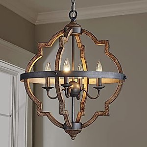 Saint Mossi 4-Lights Wooden Finish Farmhouse Chandelier Light Fixture,Rustic Globe Chandelier Style,Globe Pendant Light Farmhouse Pendant Light Fixtures,H22 x D20,Chain Adjustable