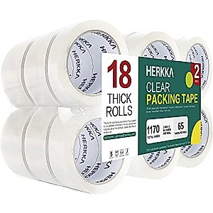 Clear Packing Tape, HERKKA 18 Rolls Heavy Duty Packaging Tape for Shipping Packaging Moving Sealing, Thicker Clear Packing Tape, 2 inches Wide, 65 Yards Per Roll, 1170 Total Yards