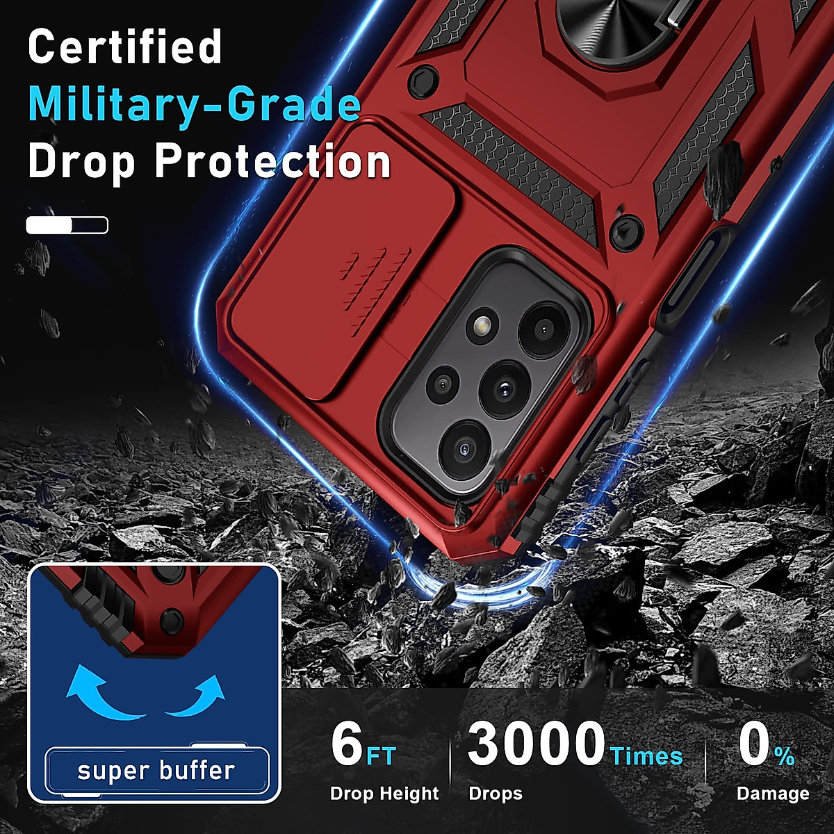 Janmitta Compatible with Galaxy A23 5G/4G Case Built in Slide Camera Lens Cover+Screen Protector,Heavy Duty Shockproof Full Body Cover,Built in Finger Ring Stable Holder Kickstand,2022 Red
