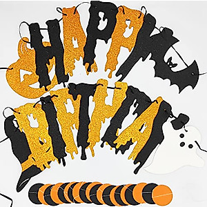 PTFNY Glittery Halloween Happy Birthday Banner Black Orange Halloween Birthday Bunting Banner Halloween Circle Dots Garland Halloween Themed Birthday Party Decorations for Wall Fireplace Party Decor