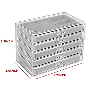 Cq acrylic Jewelry Organizer With 5 Drawers Clear Acrylic Jewelry Box Gift for Women Mens kids and Little girl Stackable Velvet Earring Display Holder for Earrings Ring Bracelet Necklace Holder,Grey