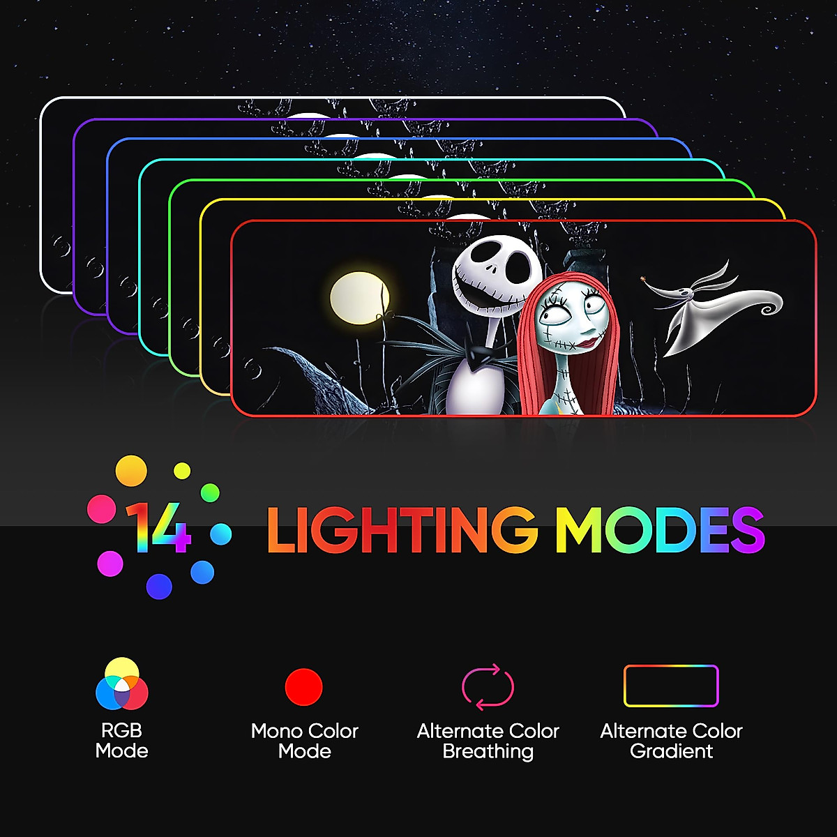 OIDOJHID RGB Skull Mouse Pad,Nightmare Before Christmas Large Gaming Mousepad with 14 Lighting Modes,Non-Slip Computer Keyboard Desk Mat,31.5×11.8 inches (A)