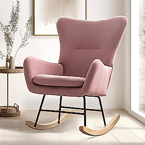 Bonzy Home Velvet Rocking Accent Nursery Chair Small Upholstered Glider Rocker Chair for Baby Nursery Padded Seat with High Backrest Armchair Comfy Side Chair Bedroom Living Room Chair, Pink