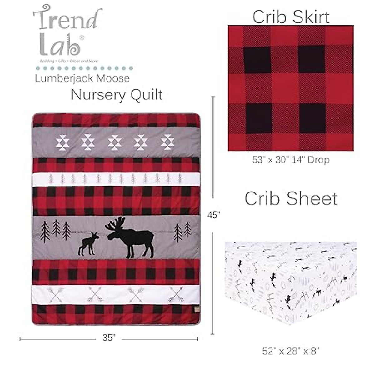 Trend Lab Lumberjack Moose 3 Piece Crib Bedding Set, Gender-Neutral Color Palette, Includes Quilt, Fitted Crib Sheet and Skirt
