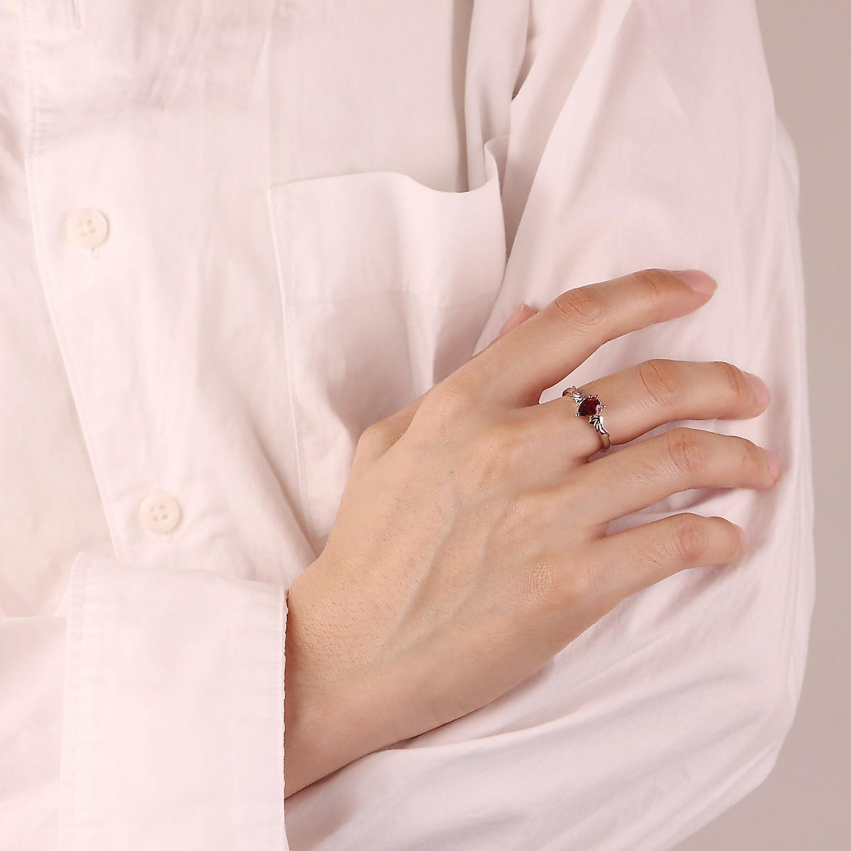 LUO S925 Sterling Silver 1.01 ct Garnet Ring Pear Shaped Unique Vampire Bat Ring Animal Promise Ring Statement Ring Gifts for Women US Size 8.5