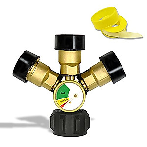 3 Way Propone Splitter QCC/POL (Propane Tank 3 Y Splitter Adapter) with Gauge and Shut-Off Valve, 3 Way Propane Gas Splitter for Propane Tank, which for Camping Stoves, BBQ Grills, RV Camper, etc.