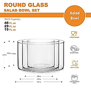 LUXU Glass Salad Bowl Set of 3 Glass,1 of 46OZ Salad Bowl,1 of 29 OZ Mixing bowl,1 of 15 OZ Fruit Bowl