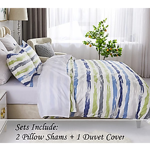 DAUAOTO Queen Size 90"X90" Duvet Cover Set, Print Cotton Teens Kids Bedding, Green Blue Striped