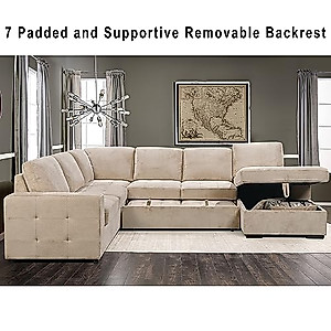 THSUPER Sectional Sleeper Sofa with Pull Out Bed and Storage Chaise, U Shape Sectional Sofa Bed, Oversized Sectional Sleeper Couch for Living Room Beige
