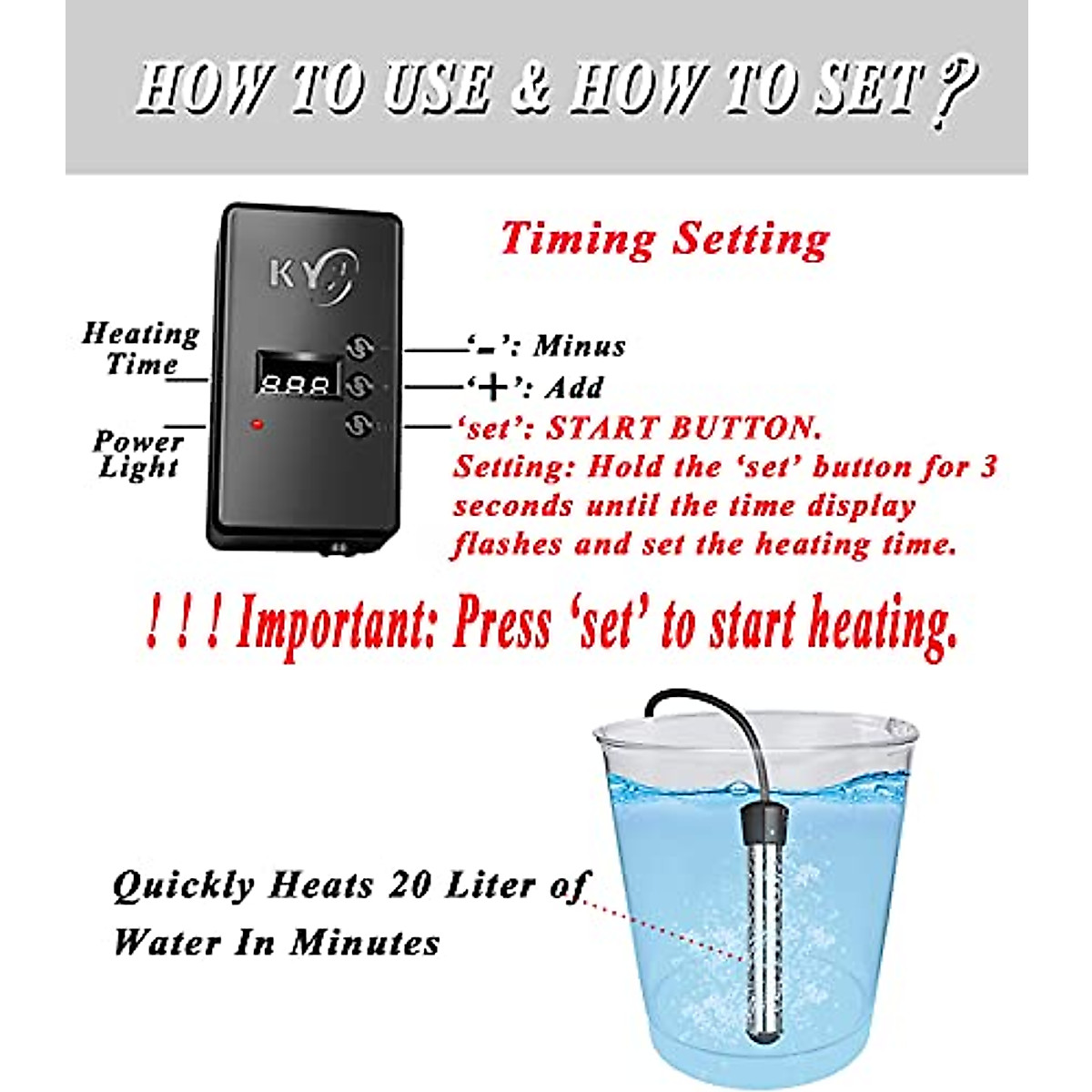 1500W Immersion Water Heater, Smart Submersible Water Heater with Stainless-Steel Guard, Smart Timing, Safe, Portable, Water Heater for Pool Bathtub, Heats 5 Gallons Water in Minutes