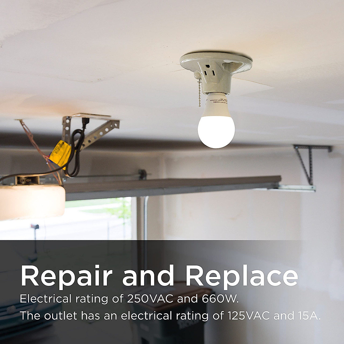 UltraPro Porcelain Light Socket with Outlet and Pull Chain Light Fixture, Light Bulb Socket, Medium Base, Grounded Plug, Indoor Lighting, Mount on 3-1/4€ or 4€ Box, UL Listed, White, 18305,1-Pack