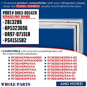 Whole Parts Refrigerator French Door Seal Gasket Part# DA63-06542A - Replacement & Compatible with Some Samsung Refrigerators