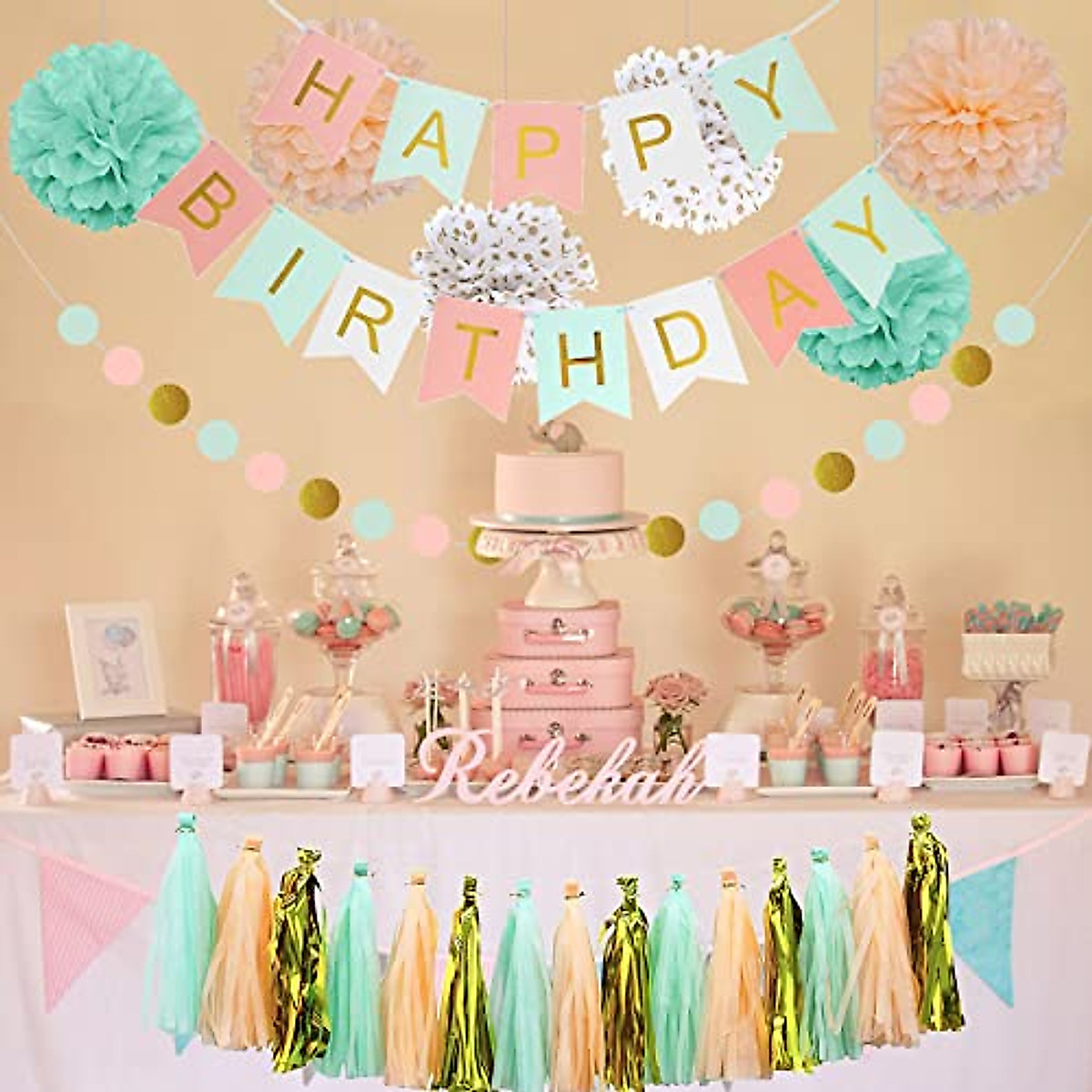 Mint Peach Birthday Party Decorations, Happy Birthday Decoration Set with Birthday Banner Pom Poms Circle Dot Garland and Tassel Garland for Women Grils Birthday Party Decor