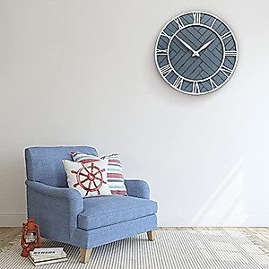 Sixty Times Hamptons - - Wall Clock 24 Inch - - Silent - - Metal & Wood - - Rustic Ocean Blue & White