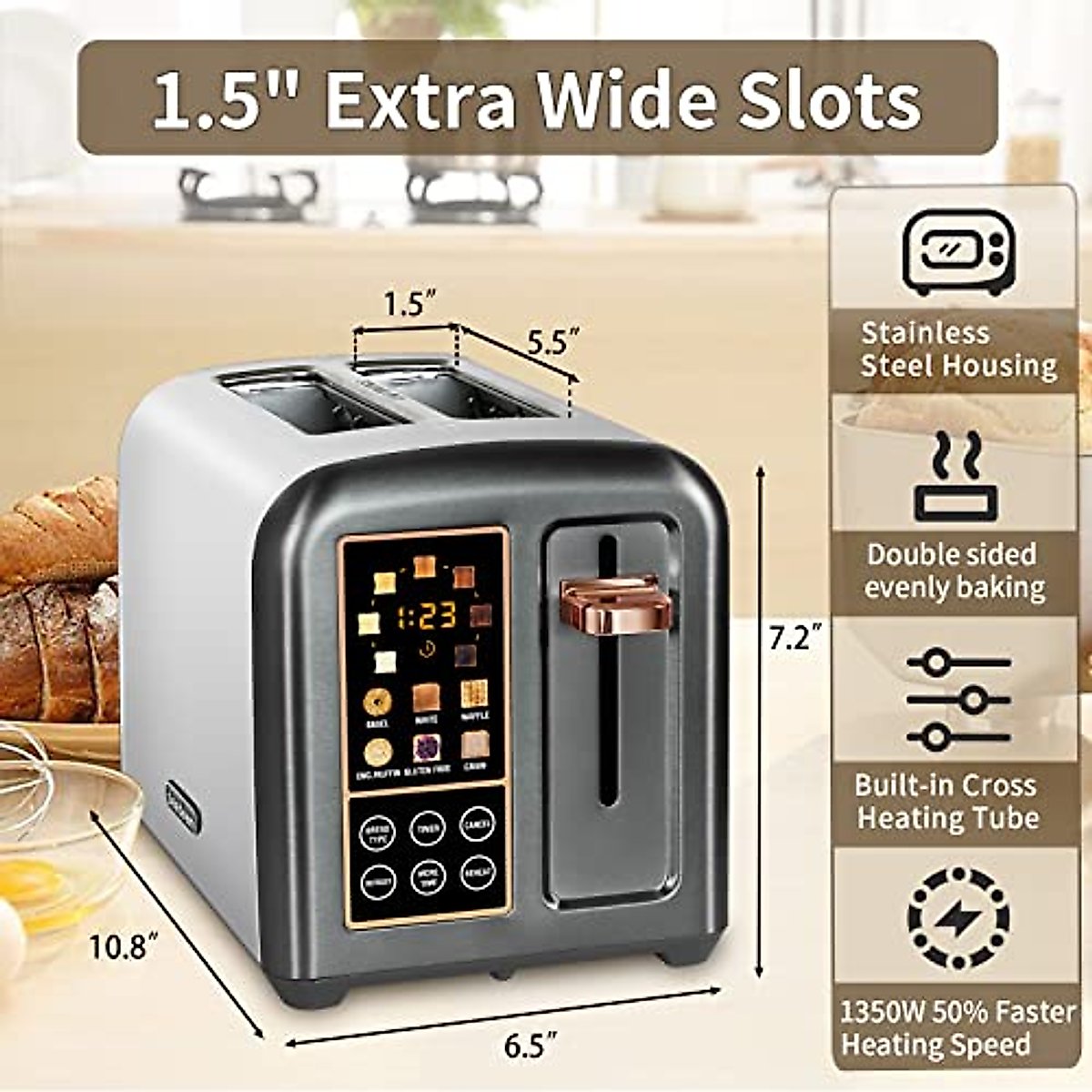 SEEDEEM Toaster 2 Slice, Stainless Steel Bread Toaster with LCD Display and Touch Buttons, 50% Faster Heating Speed, 6 Bread Selection, 7 Shade Settings, 1.5''Wide Slots Toaster with Cancel/Defrost/Reheat Functions, Removable Crumb Tray, 1350W, Dark Metal