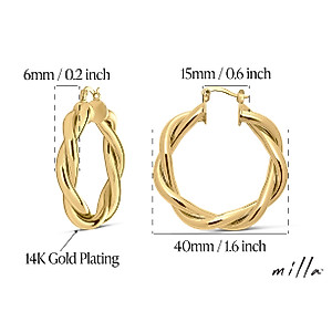 Milla Gold Twist Earrings - Thick Silver Hoop Earrings for Women - Big Chunky 14K Gold Statement Earrings (40 mm - 1.6 in)