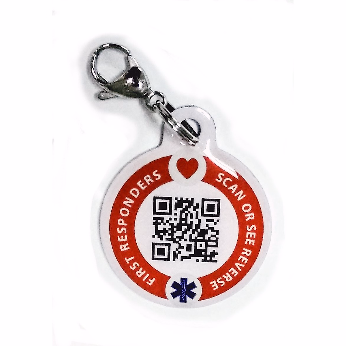 Dynotag® Web Enabled Smart Medical ID/Emergency Information Round Steel Tag - 30 mm. Includes Lobster Clasp, with DynoIQ™ & Lifetime Service.